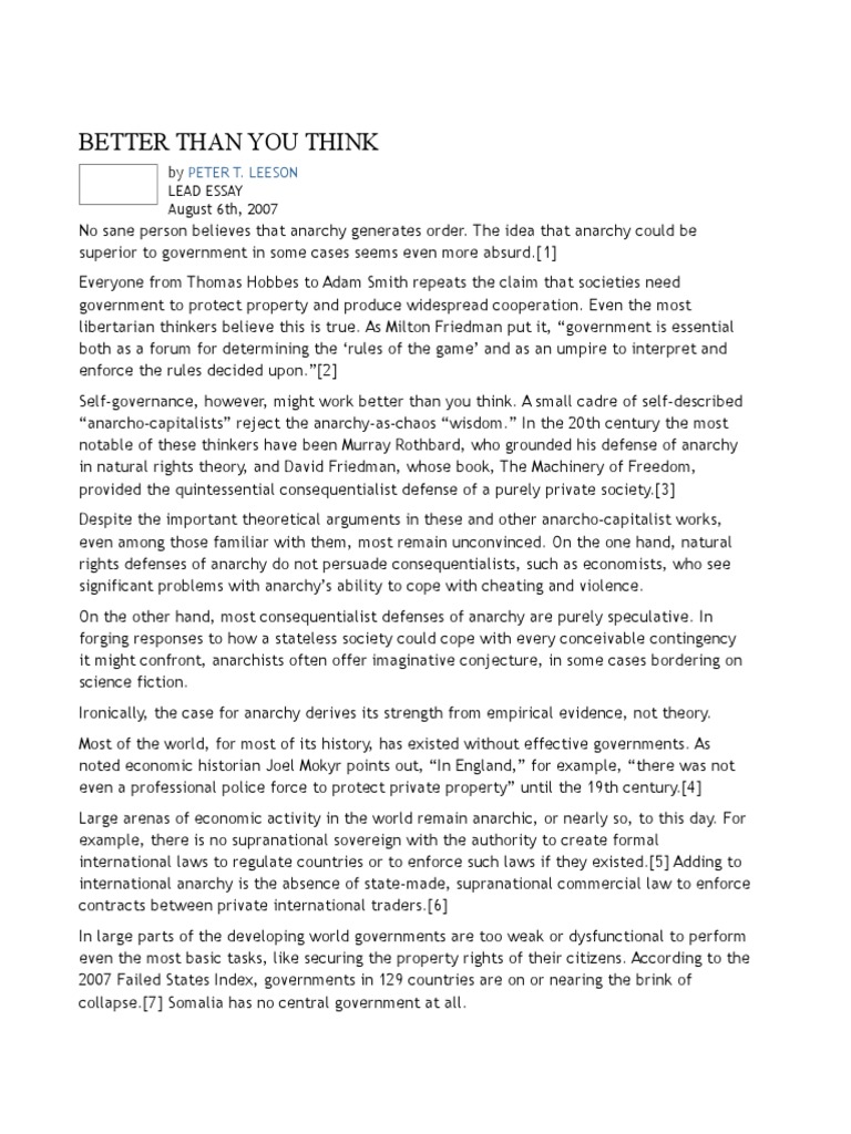 Anarchy Unbound: Why Self-Governance Works Better Than You Think | PDF