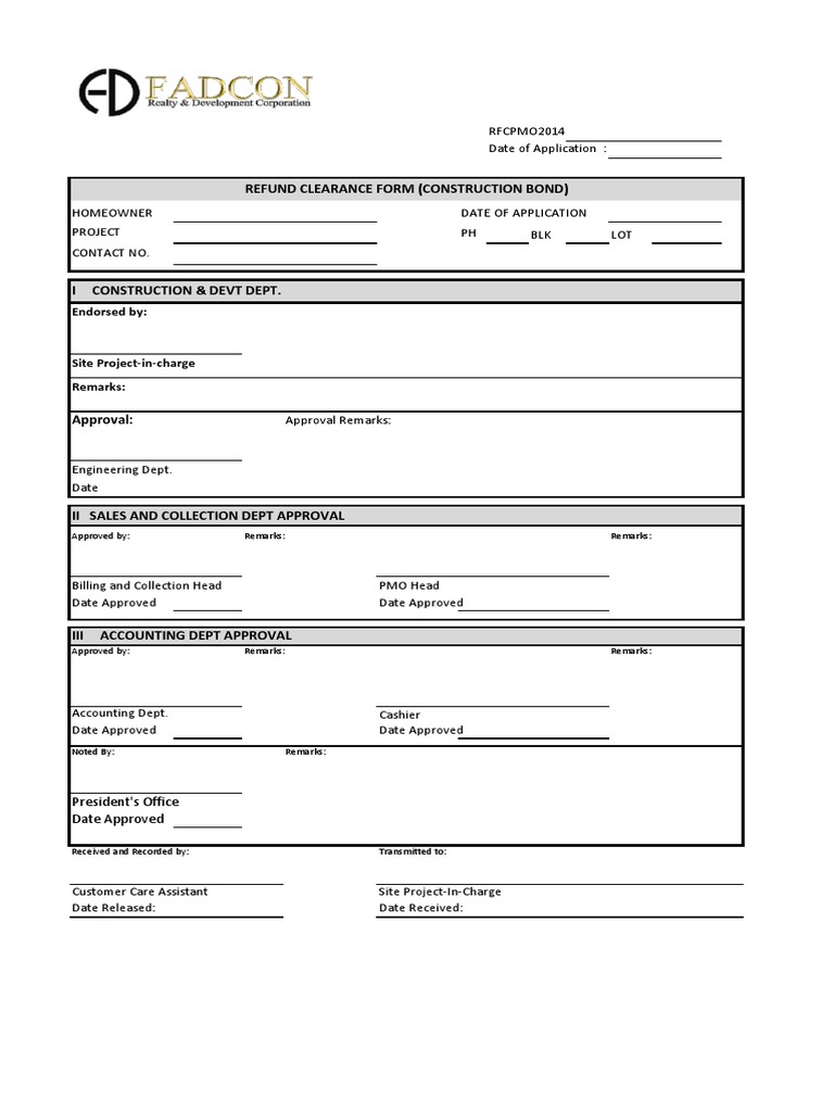Refund Clearance Form (Construction Bond) : Endorsed by | PDF