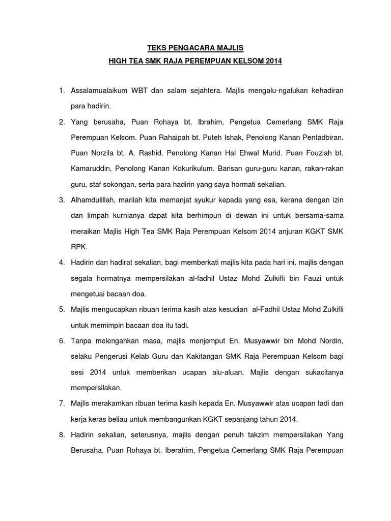 Teks Pengacara Majlis High Tea | PDF