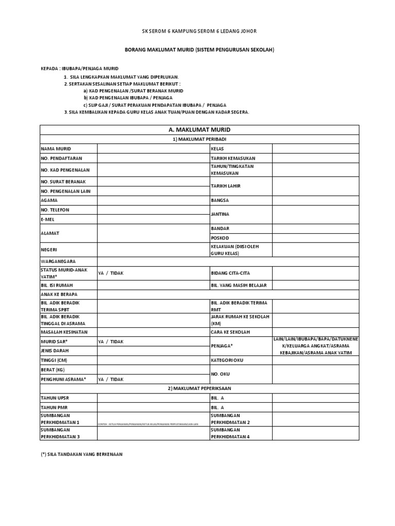 Borang Maklumat Murid Sps | PDF