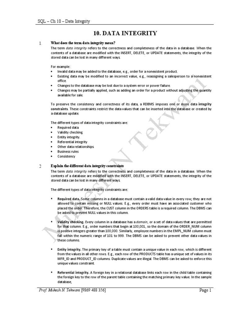 Sql Data Integrity Pdf Databases Information Technology Management 3960