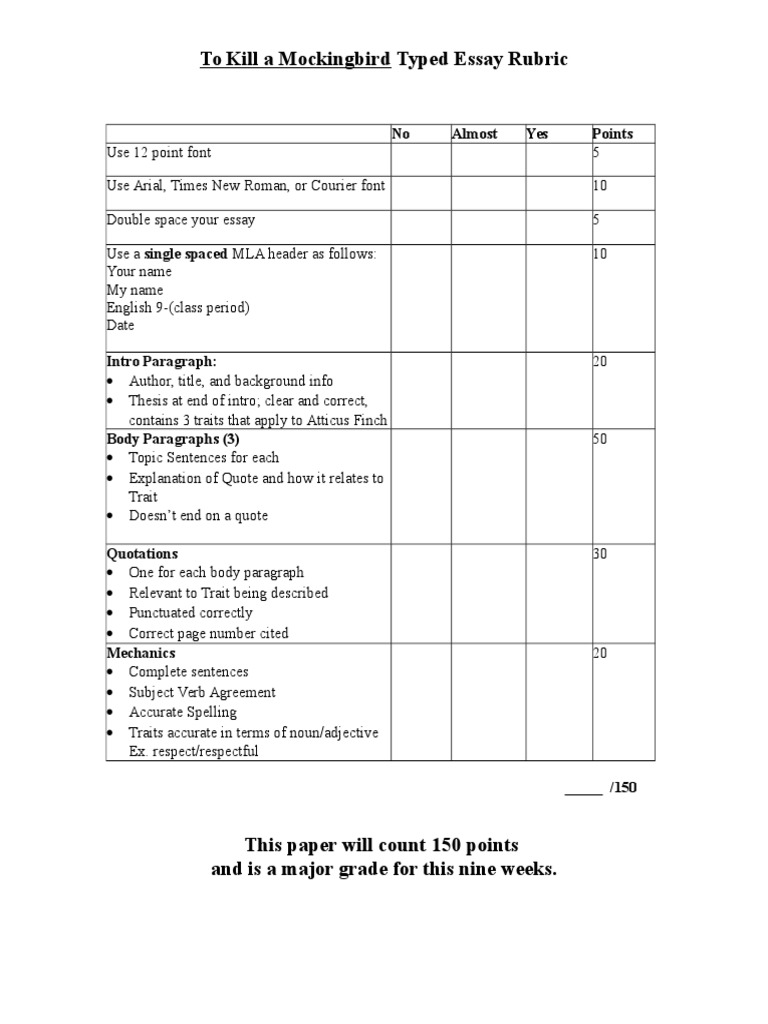 To Kill a Mockingbird Essay Rubric | PDF