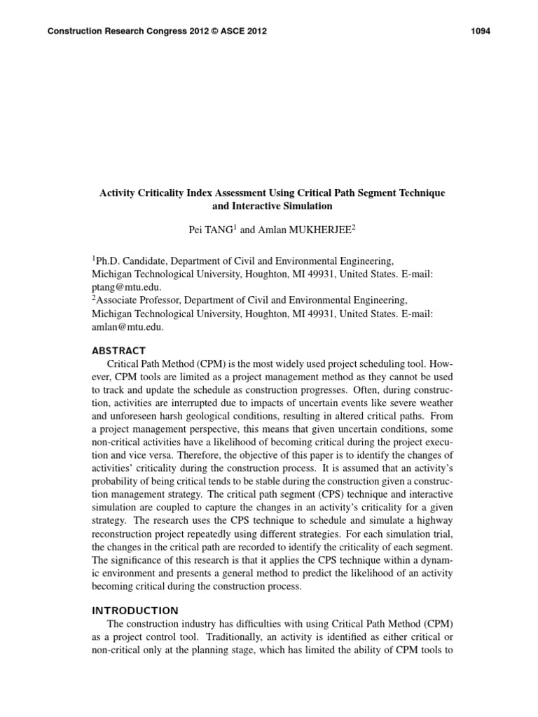 Activity Criticality Index Assessment Using Critical Path Segment ...