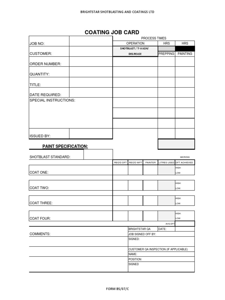 Brightstar Job Card for Coating Process | PDF