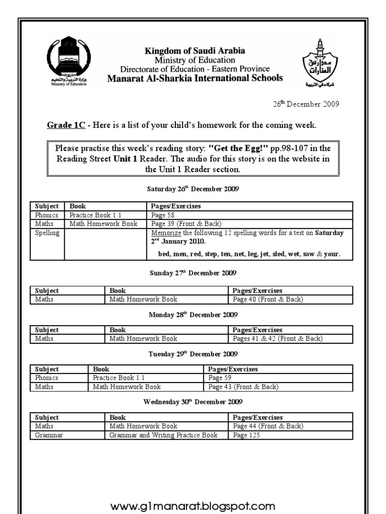 Grade 1C - Here Is A List of Your Child's Homework For The Coming Week ...