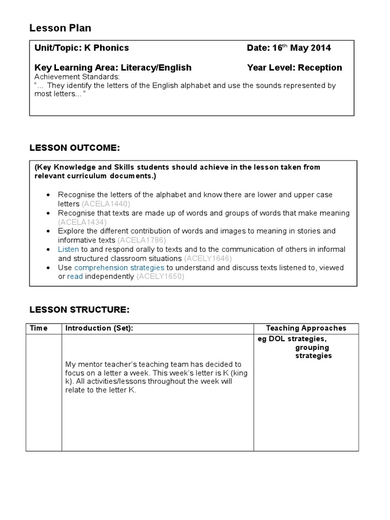 K Phonics Lesson Plan for Reception | PDF | Phonics | Lesson Plan
