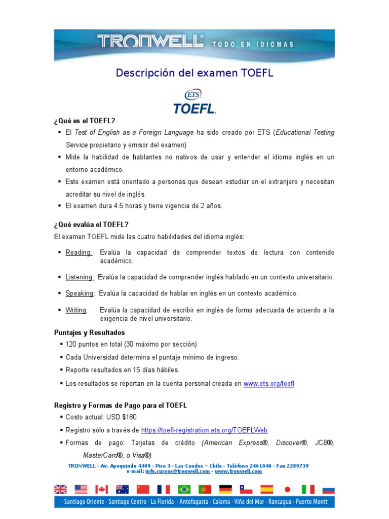 Descripción TOEFL (Casa Matriz) | PDF | Estudios de idiomas extranjeros