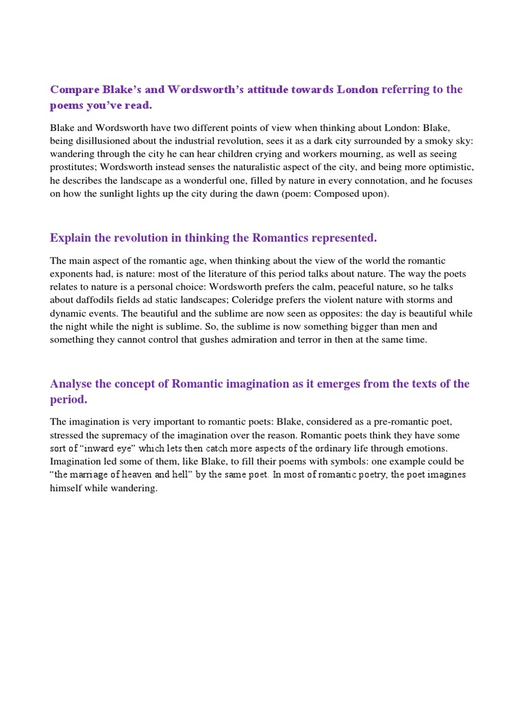 Compare Blake's and Wordsworth's Attitude Towards London Referring To ...