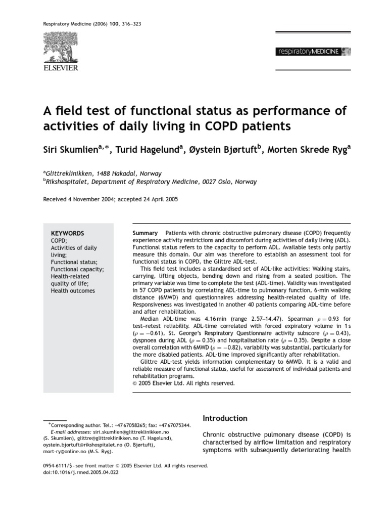 A Field Test of Functional Status As Performance ADL COPD PDF | PDF