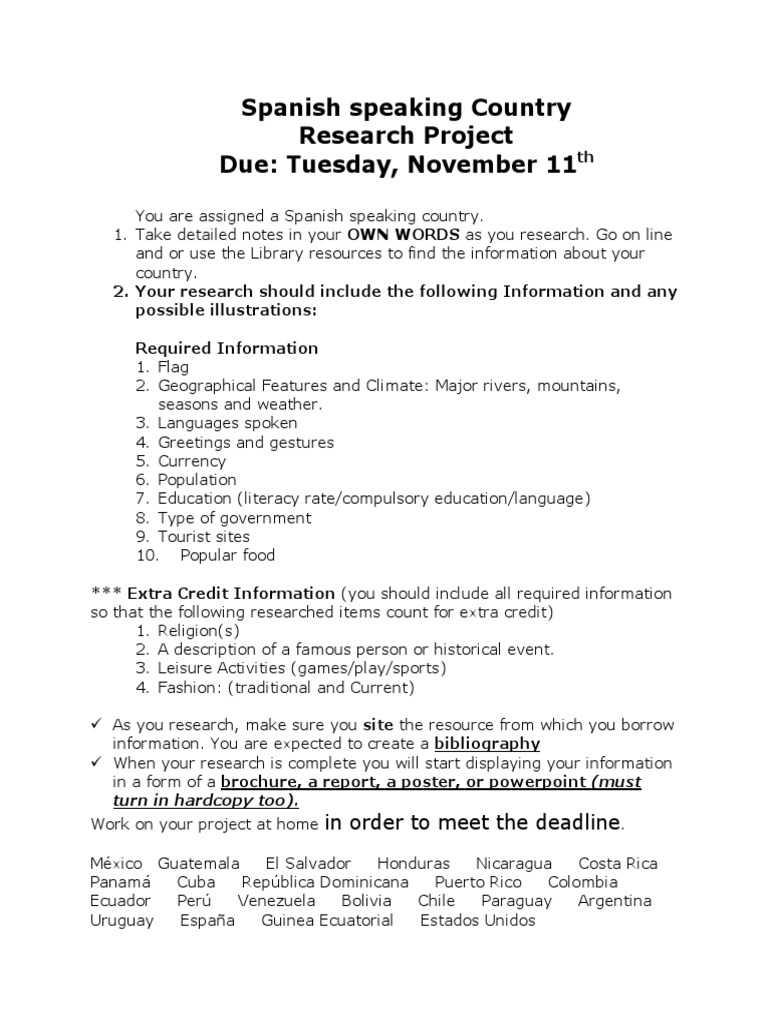 Spanish Speaking Country Research Project | PDF | Spanish Language ...