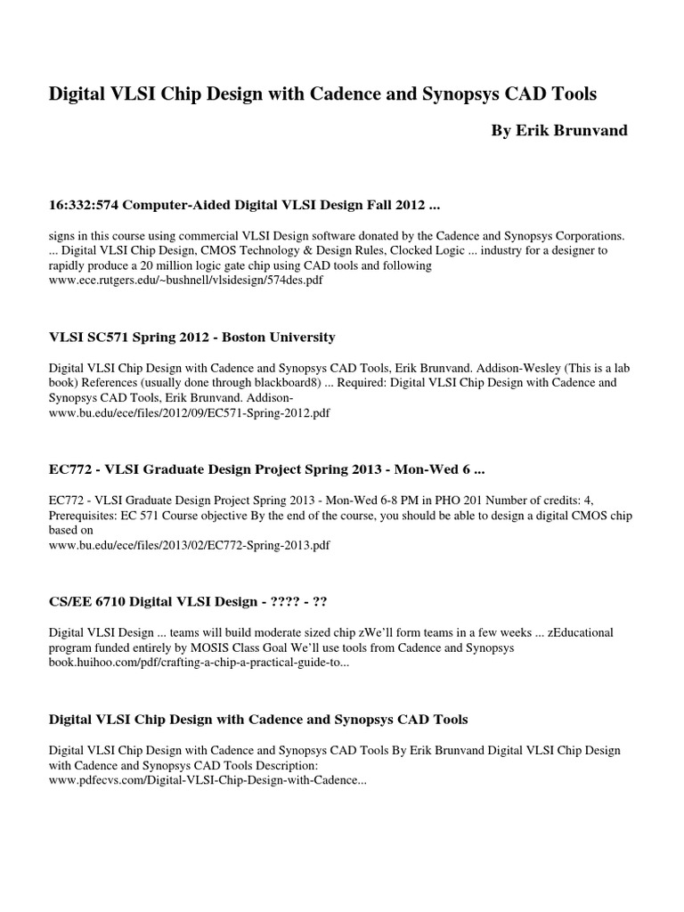 Digital Vlsi Chip Design With Cadence and Synopsys Cad Tools Erik Brunvand P 311051 | PDF ...