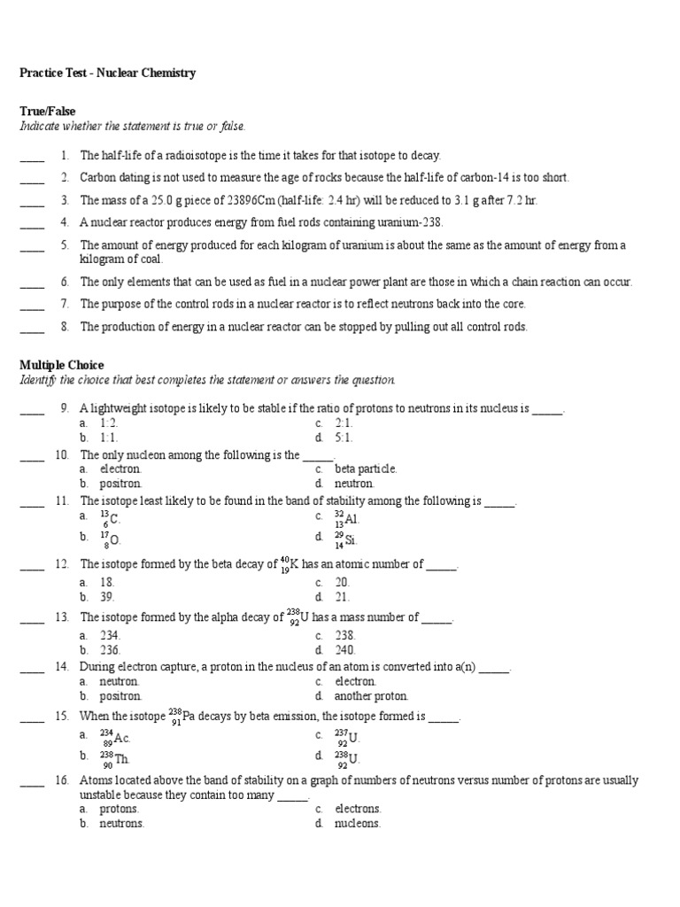 Practice Test 2 - Nuclear Chemistry | PDF | Nuclear Physics | Neutron