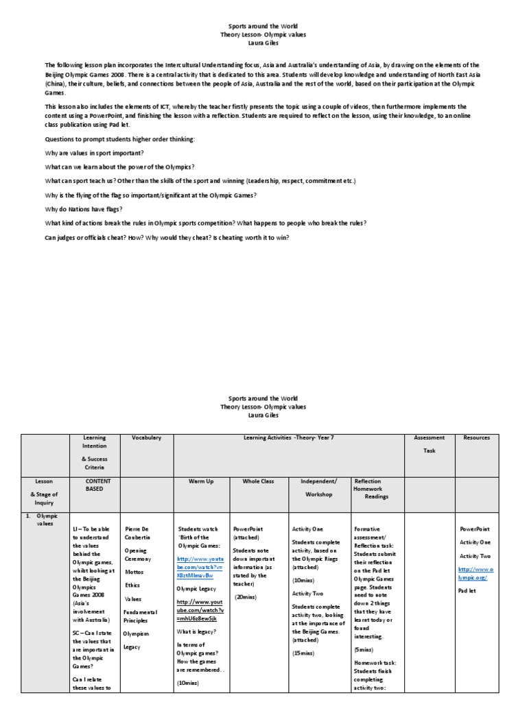Olympic Values in Sports Education | PDF | Lesson Plan | Educational ...