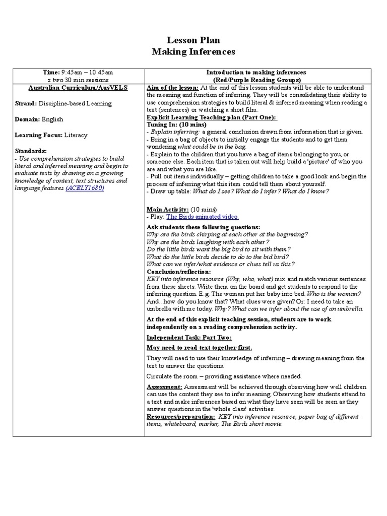 Inference Lesson Plan for Literacy | PDF | Reading Comprehension ...