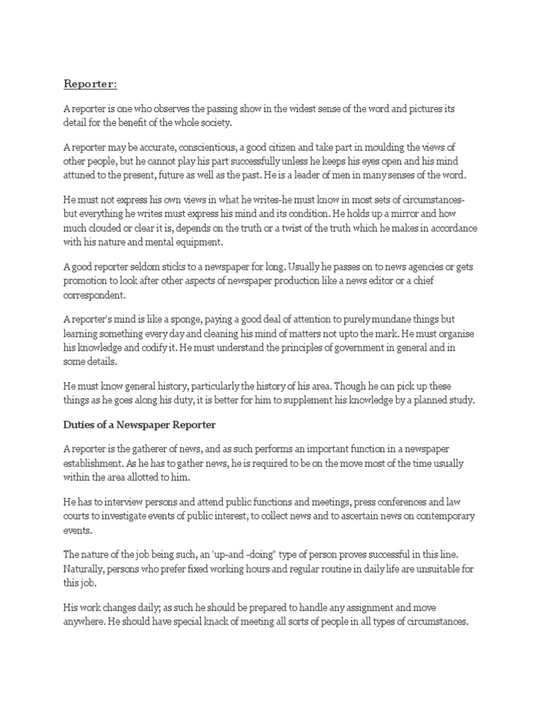 Reporter:: Duties of A Newspaper Reporter | PDF | News | Mind