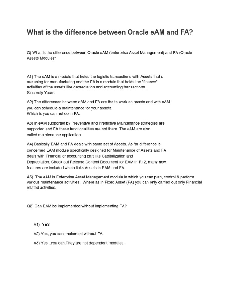 What Is The Difference Between Oracle EAM and FA | PDF