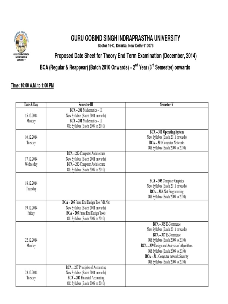 Proposed BCA Date Sheet December 2014 Without First Year | PDF | Science And Technology ...