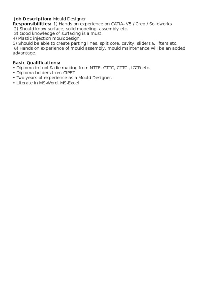 Mould Designer Job Description | PDF