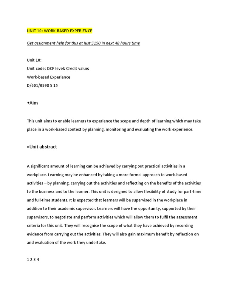 UNIT 10 Work - Based Experience | PDF | Educational Assessment | Evaluation