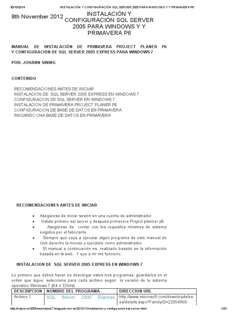 Instalación y Configuración SQL Server 2005 para Windows y y Primavera ...