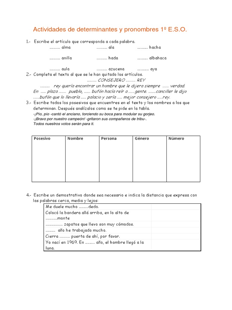 Ejercicios de Pronombres y Determinantes 1º ESO | PDF