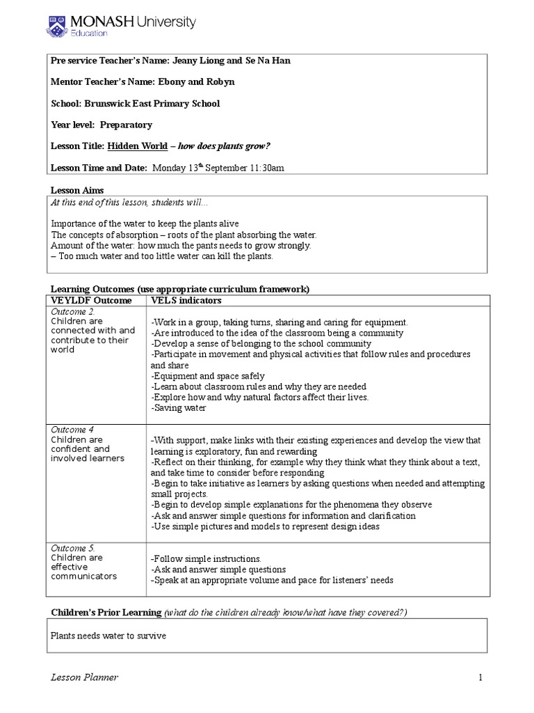 Monash Lesson Plan Template Edf5923 1of3 | PDF | Education Theory | Learning