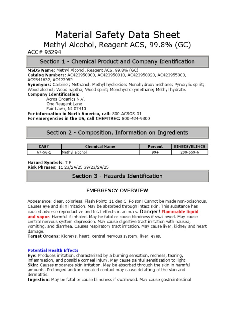 Material Safety Data Sheet | PDF | Methanol | Fires