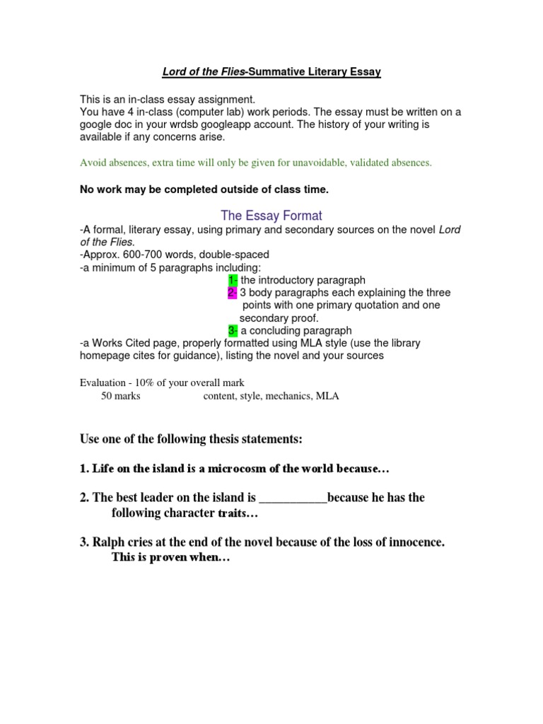 Lord of the Flies Essay Assignment Guide | PDF