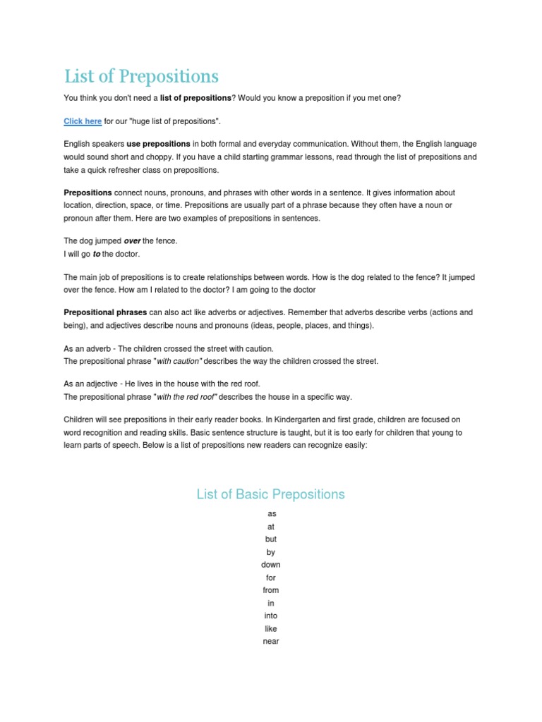 List of Prepositions | Download Free PDF | Preposition And Postposition ...