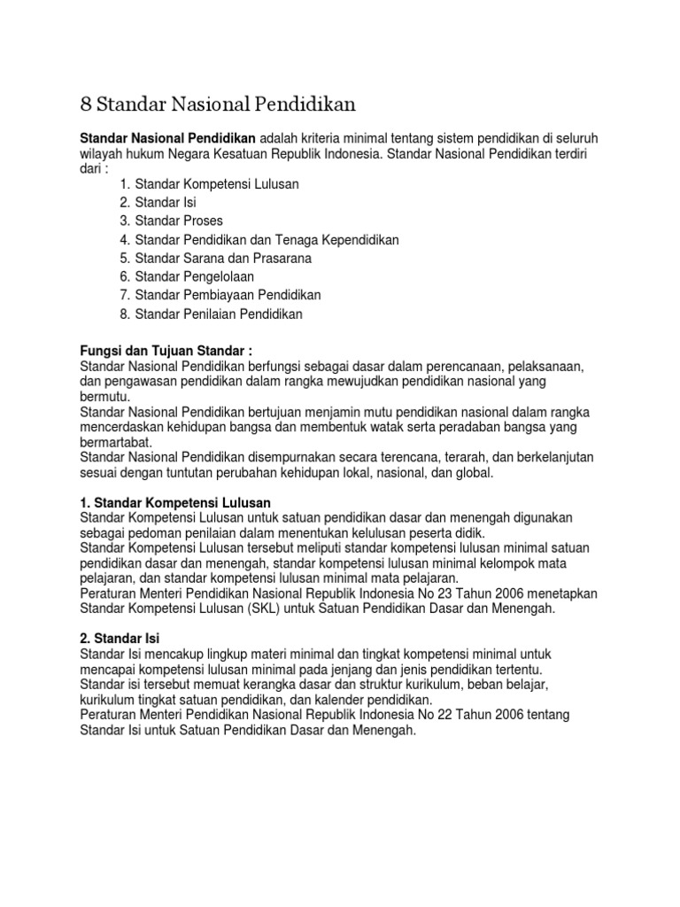 Delapan Standar Nasional Pendidikan | PDF