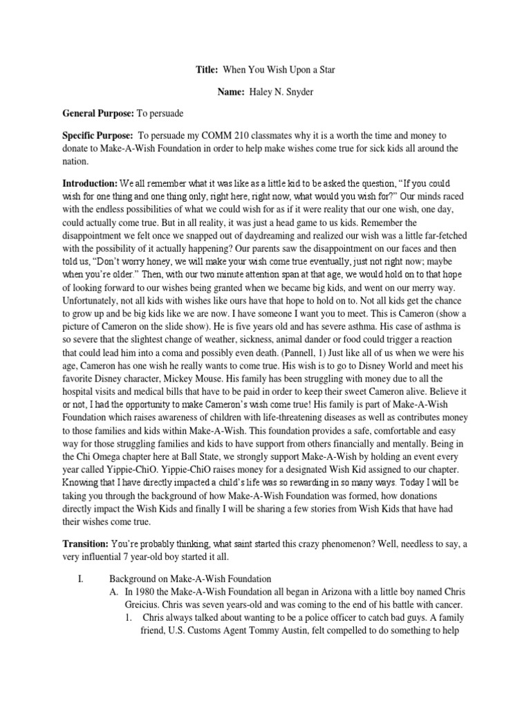 Persuasive Charity Speech: Make-A-Wish | PDF | Persuasion | Charitable ...