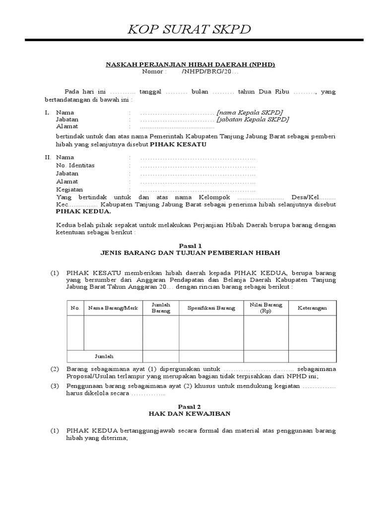 Contoh Naskah Perjanjian Hibah Daerah (NPHD) | PDF