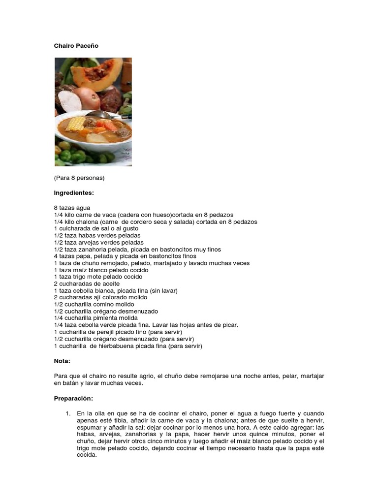 Receta Chairo Paceño | PDF | Ingredientes de comida | Cocina ...
