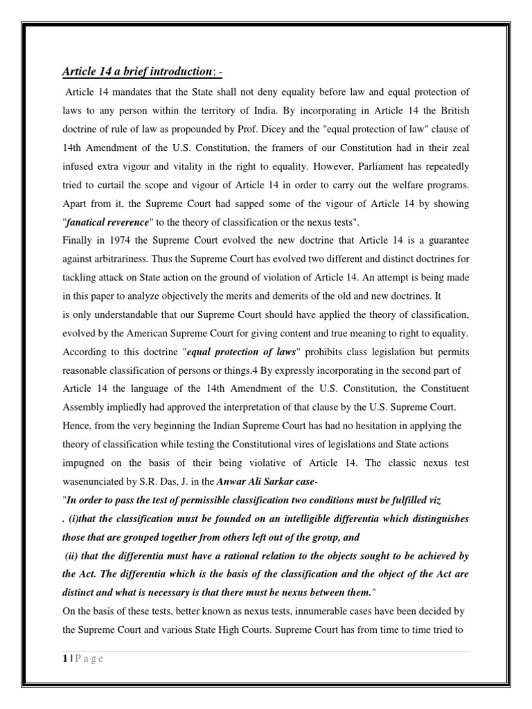 Article 14: Equality Before Law in India | PDF | Equal Opportunity ...