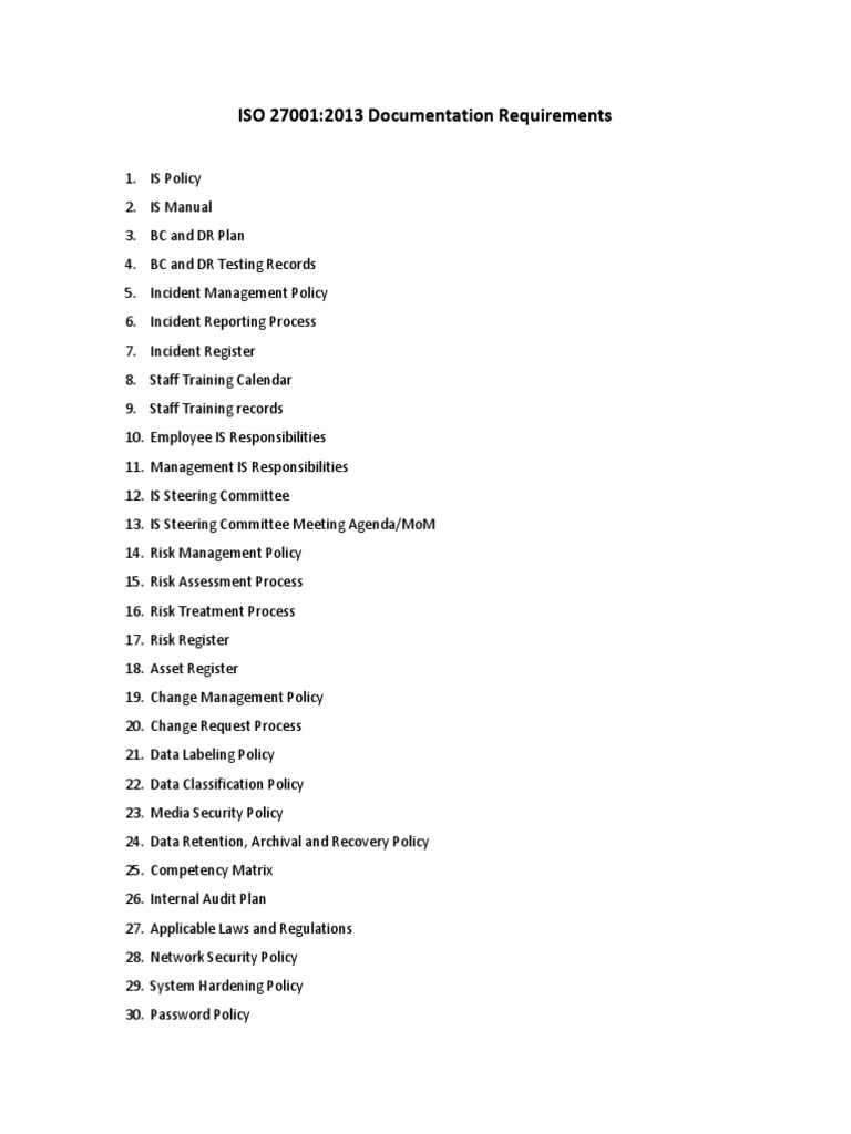 ISO 27001 2013 Documentation Requirements