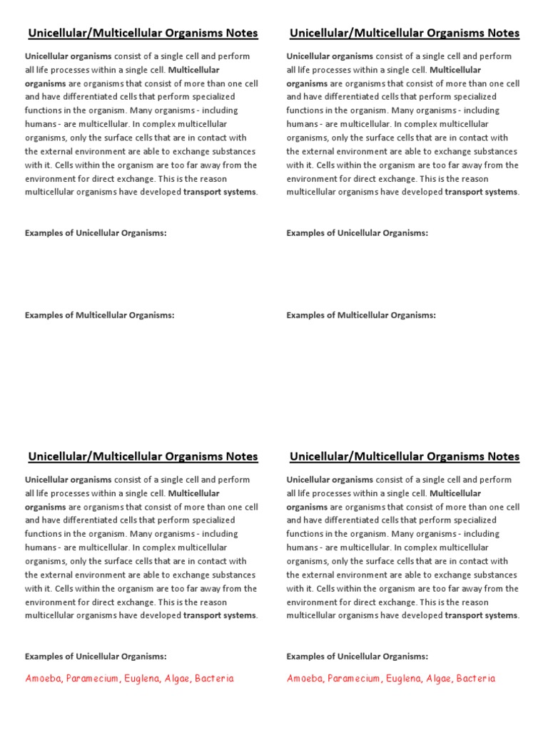 Unicellular-Multicellular Organisms Notes | PDF | Organisms | Cell ...