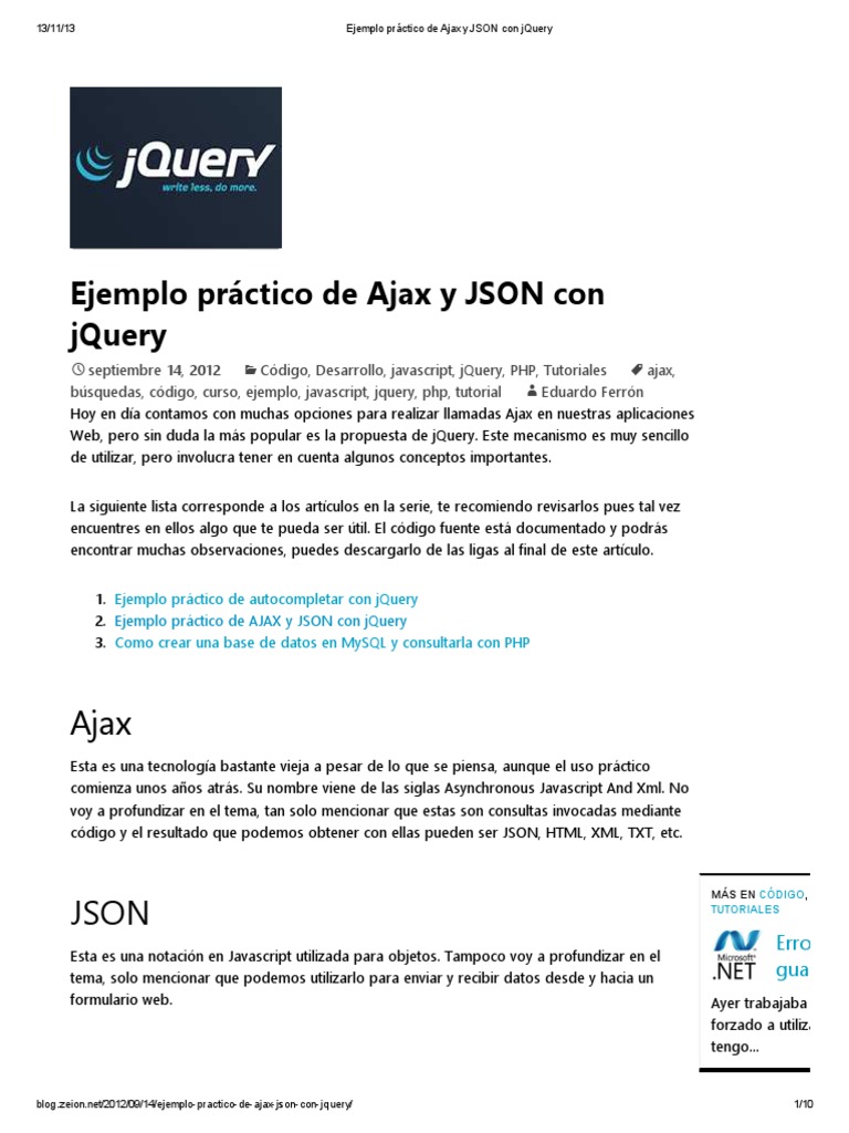 Ejemplo Practico de Ajax y JSON Con Jquery-Libre PDF | PDF | Json ...