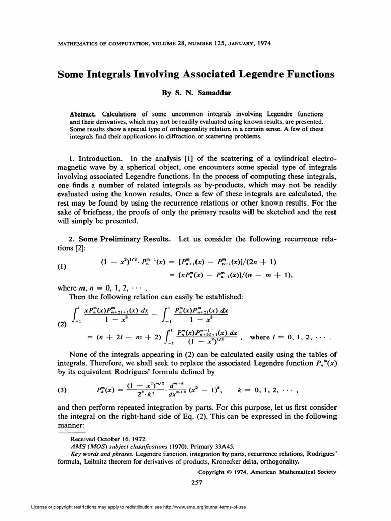 Some Integrals Involving Associated Legendre Functions | PDF | Integral ...