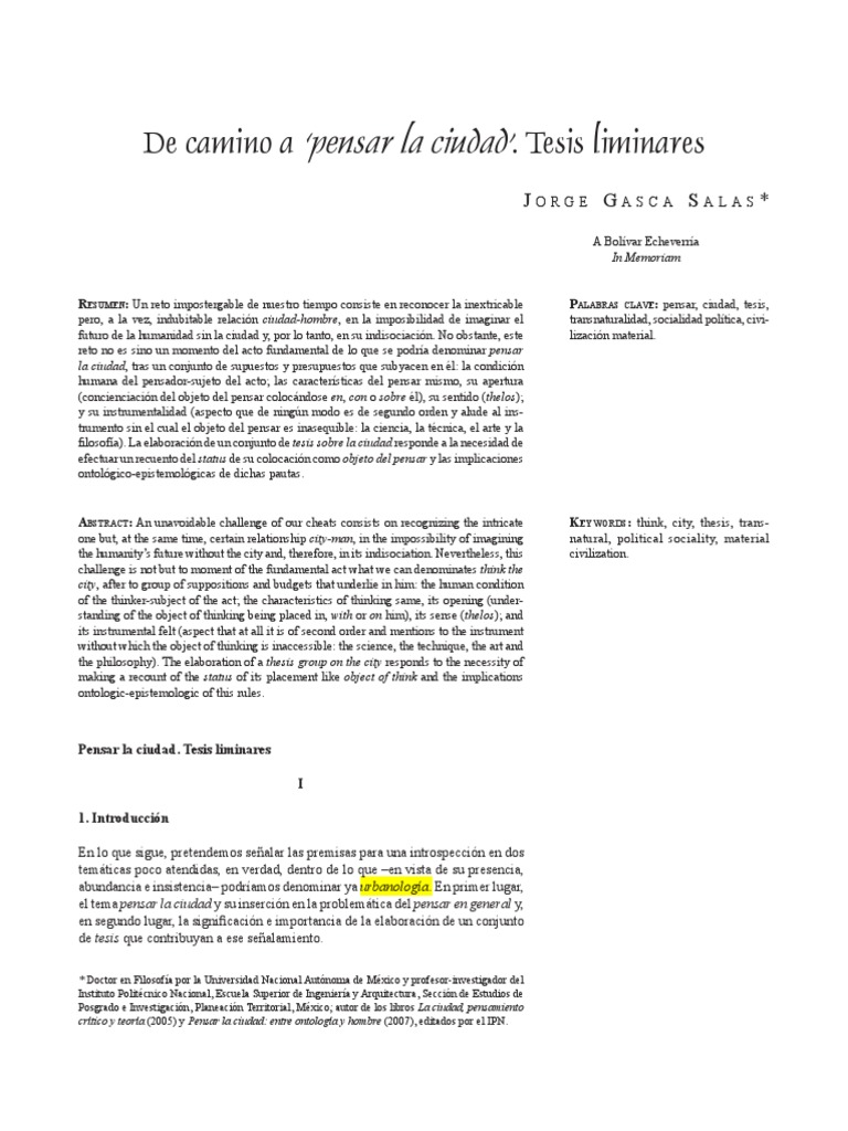 Jorge Gasca Salas - de Camino A Pensar La Ciudad Tesis Liminares | PDF ...