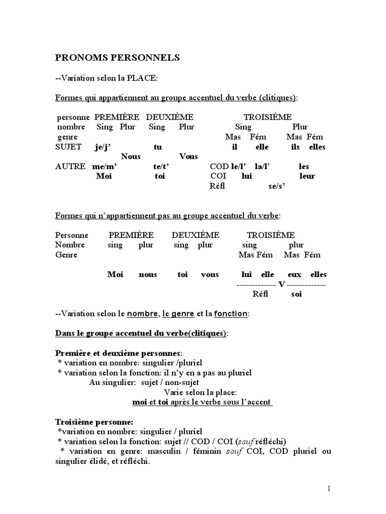 Guide des pronoms personnels en français | PDF | Nombre grammatical ...