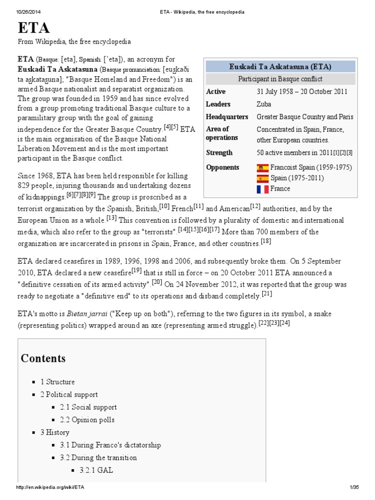 ETA - Wikipedia, The Free Encyclopedia | PDF | Government Of Spain ...