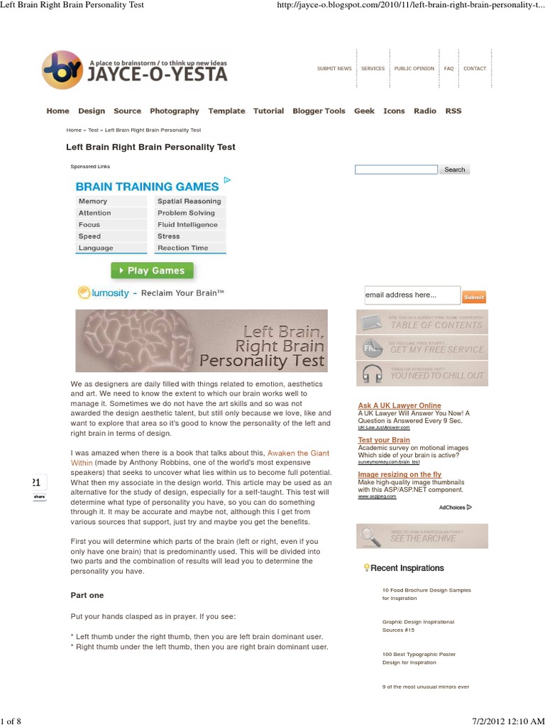 Left Brain Right Brain Personality Test PDF | PDF | Lateralization Of ...