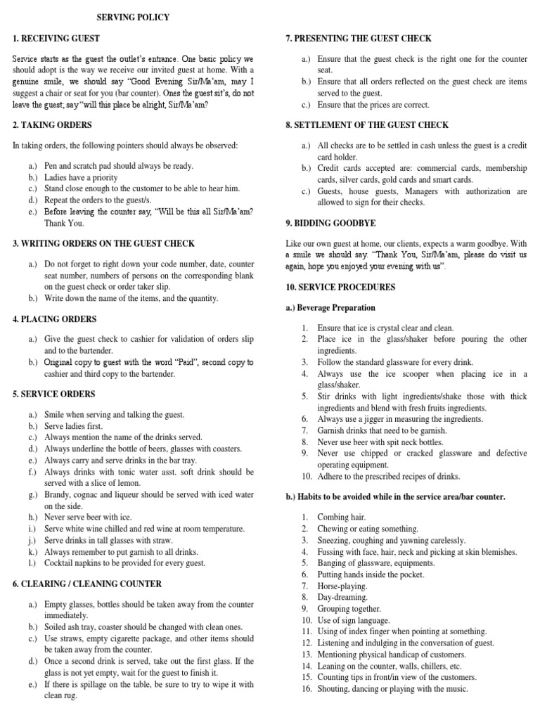 SERVING POLICY - Docx (Banquet Function & Catering Services Procedures ...