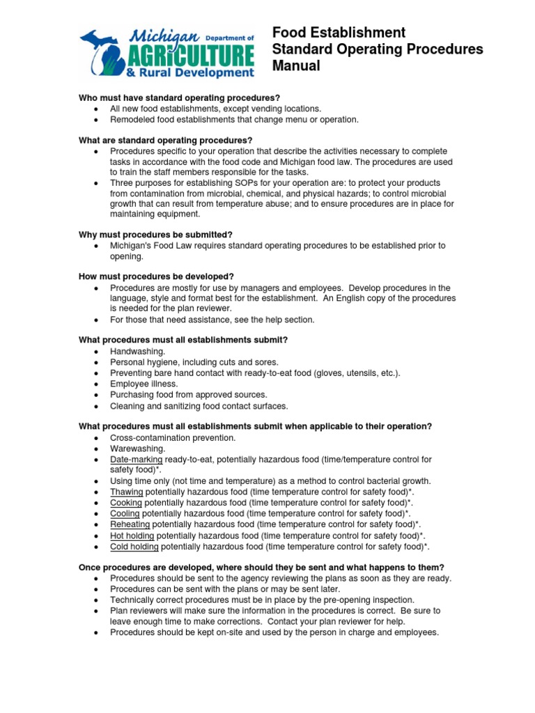 Food Establishment Standard Operating Procedures Manual | PDF