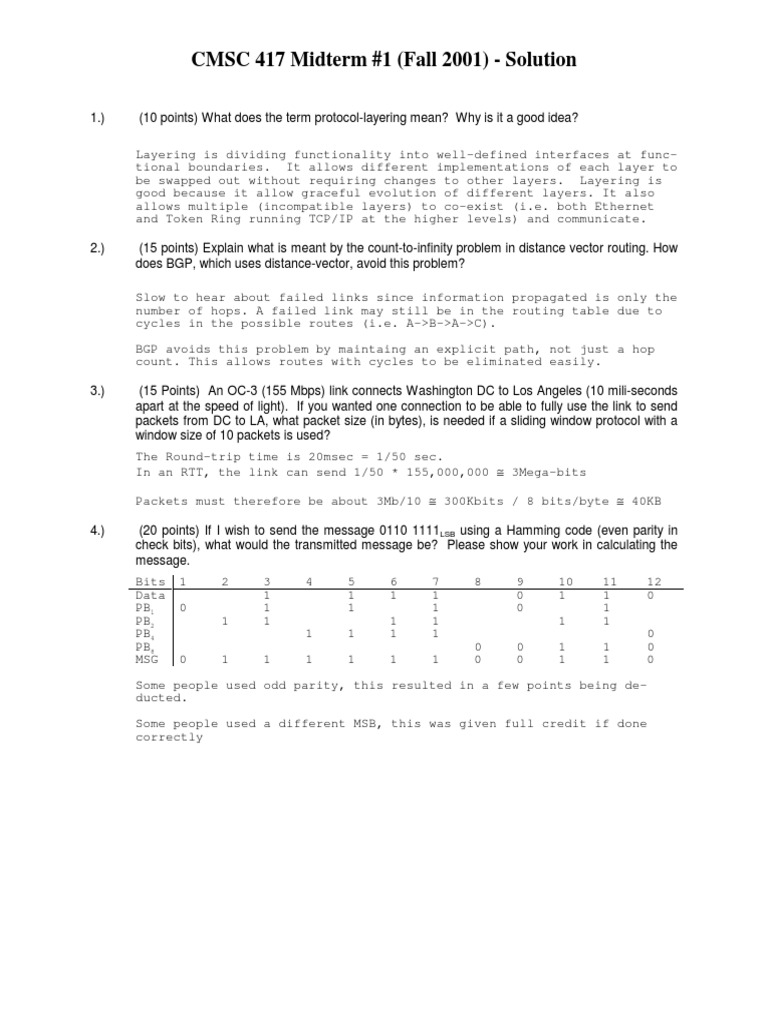 CMSC 417 Midterm #1 (Fall 2001) - Solution | PDF | Internet Protocols | Communications Protocols