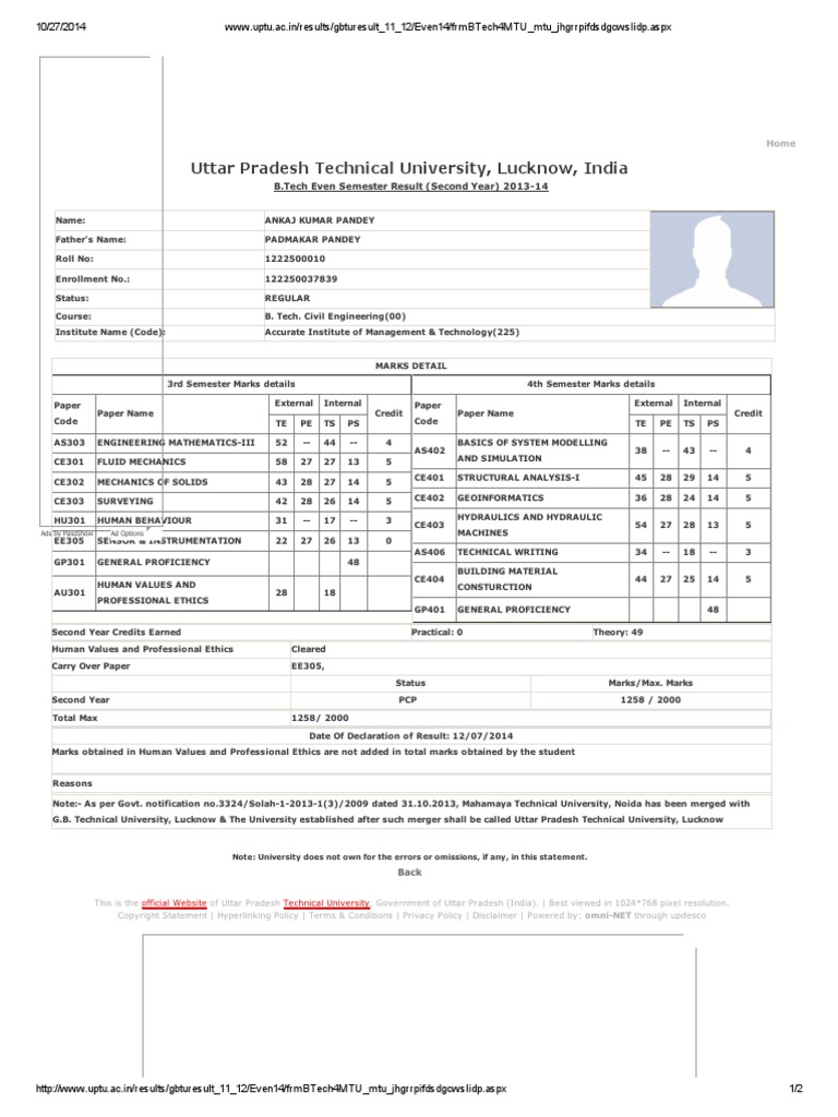 WWW - Uptu.ac - in Results Gbturesult 11 12 Even14 frmBTech4MTU Mtu ...