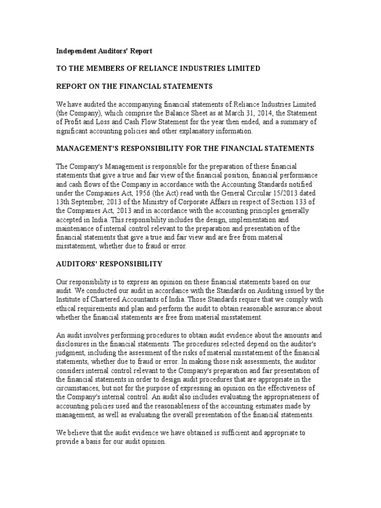 Reliance Auditors Report | PDF | Audit | Financial Statement