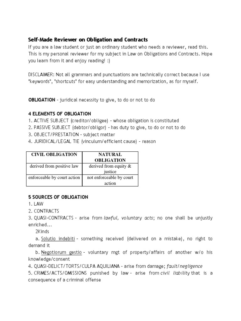 Self-Made Reviewer On Obligation and Contracts | PDF | Law Of Obligations | Offer And Acceptance