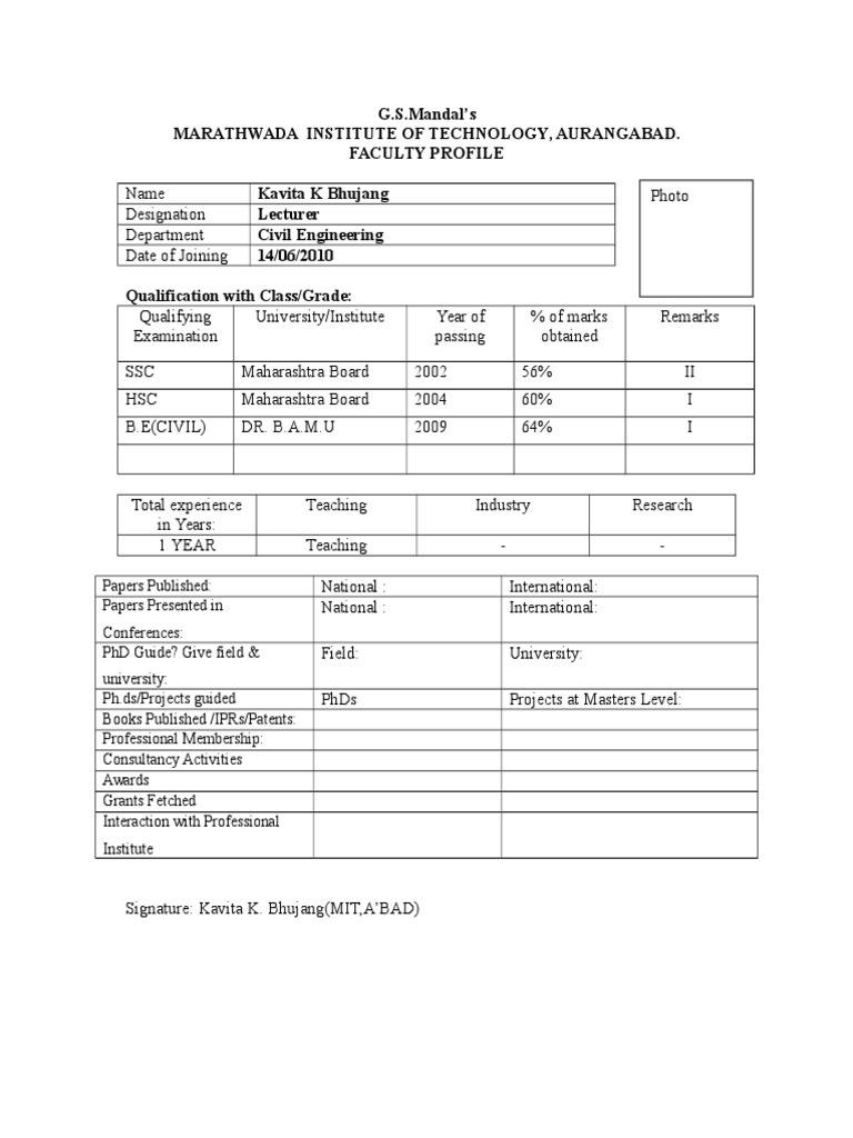 Faculty Profile Format AICTE | PDF