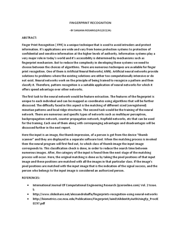 An Exploration of Fingerprint Recognition Using Artificial Neural Networks | PDF | Artificial ...